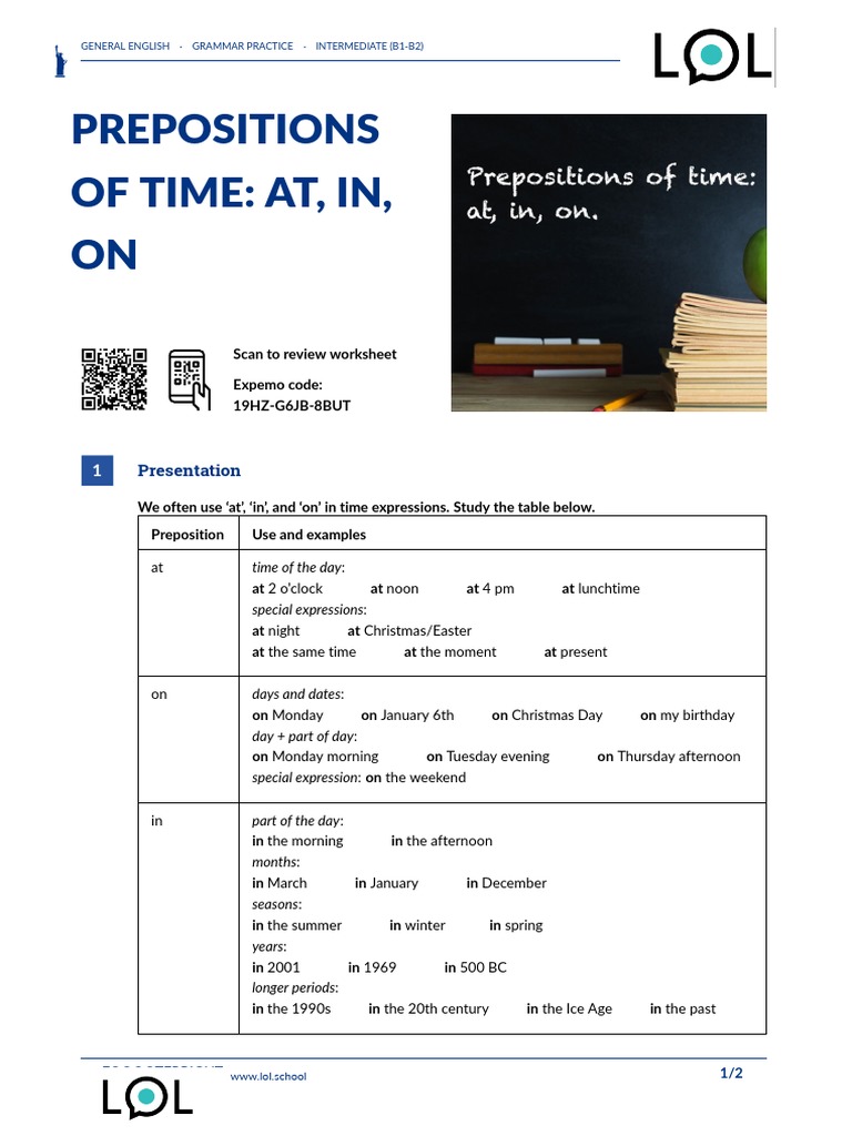 Prepositions of Time: At, In, On | PDF