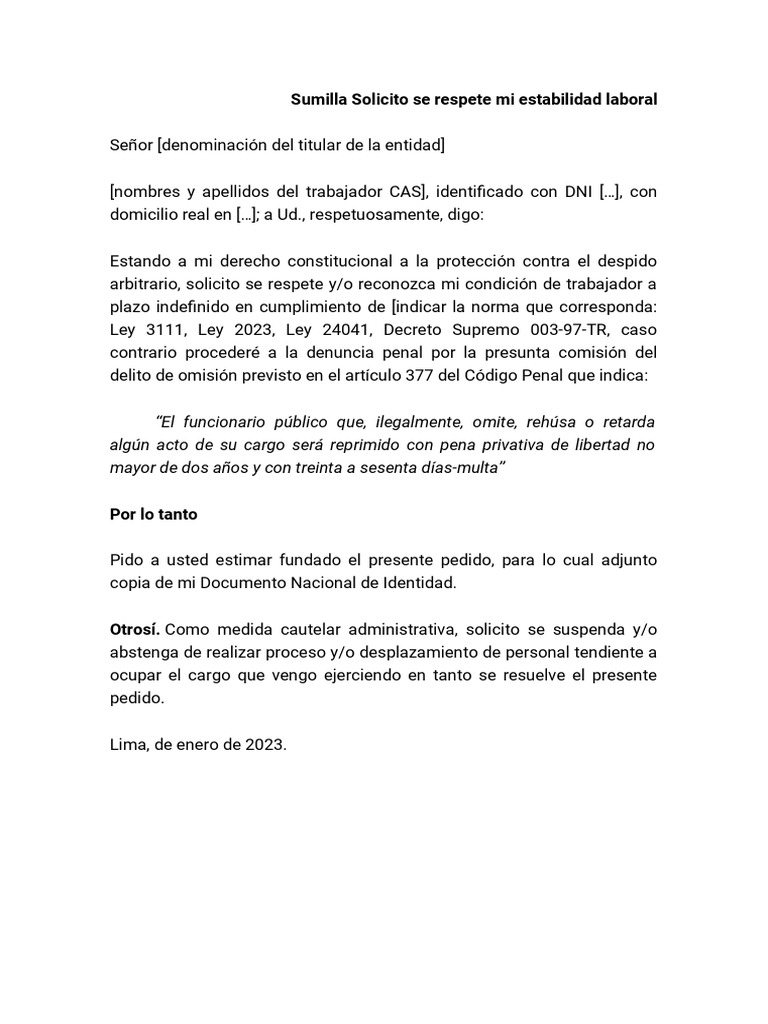 Solicitud - Estabilidad Laboral | PDF
