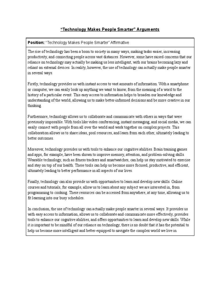 Technology Makes People Smarter - Arguments | PDF | Understanding | Thought