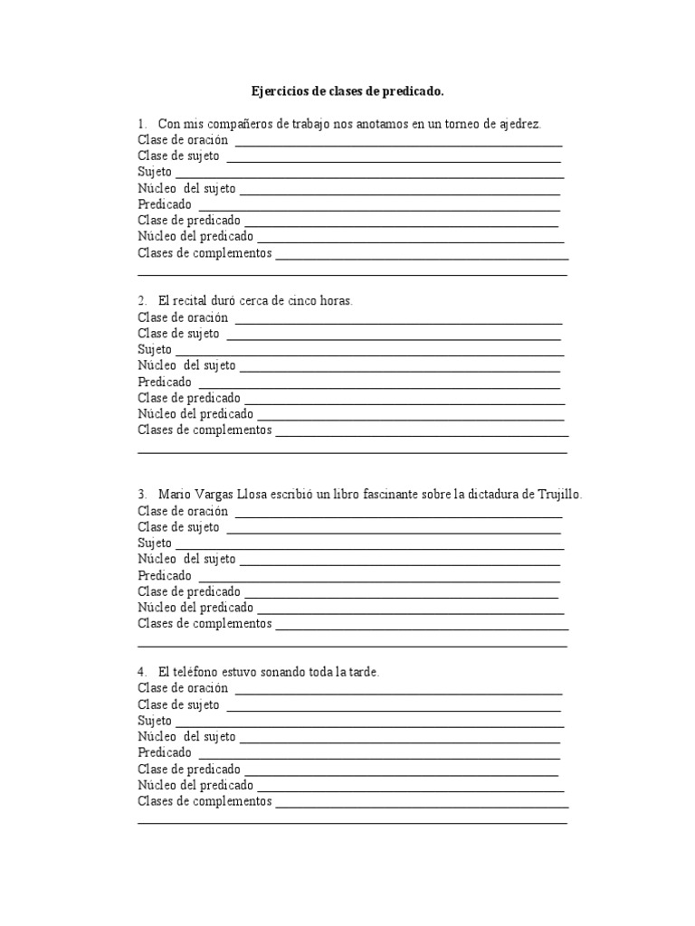 Ejercicios de Oraciones Clases Predicado | PDF | Predicado (Gramática) | Asunto (gramática)