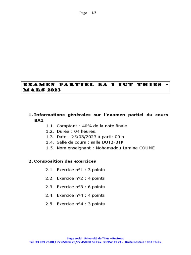 Examen Partiel Du Cours BA 1 Univ-Thies 2023 PDF | PDF | Béton armé | Flexion (matériau)