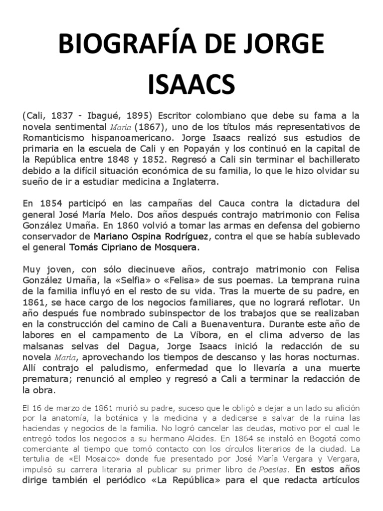 BIOGRAFÍA DE JORGE ISAACS | PDF