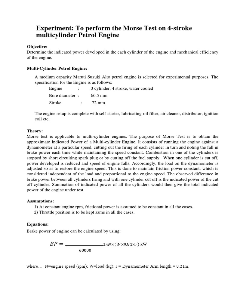 Morse Test on Multi-Cylinder Engine | PDF | Internal Combustion Engine ...