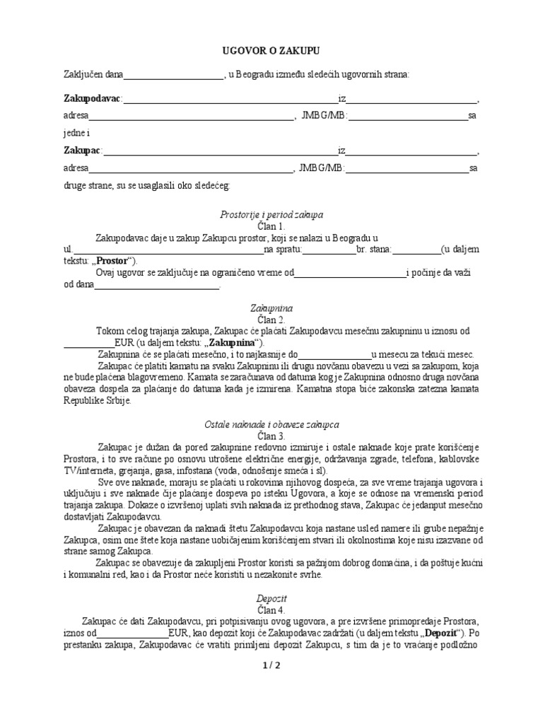 Ugovor o Zakupu Stana Standardni | PDF