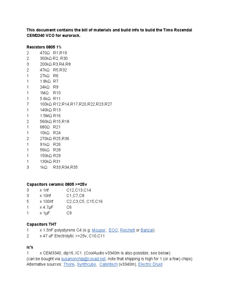 CEM3340 VCO_ BOM & build info | PDF | Equipment | Electrical Engineering