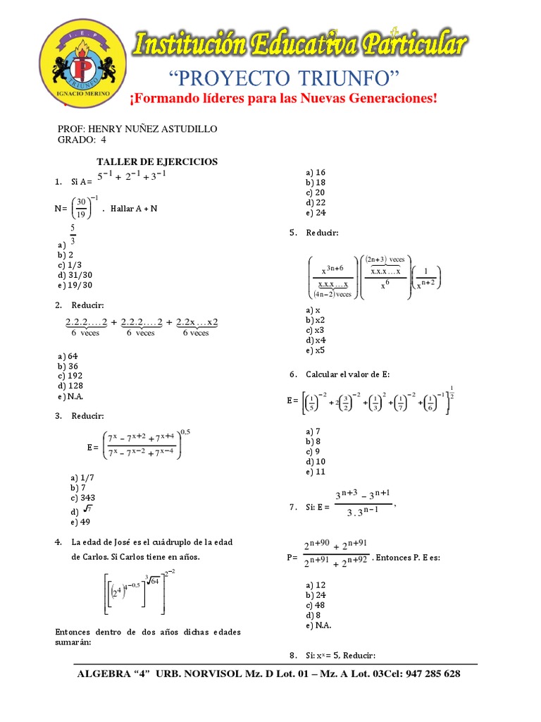 Taller de Ejercicios de Álgebra 4 | PDF