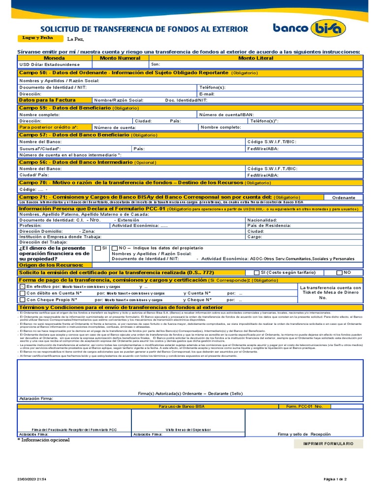 Formulario de Transferencia BISA | PDF | Transferencia bancaria | Bancos