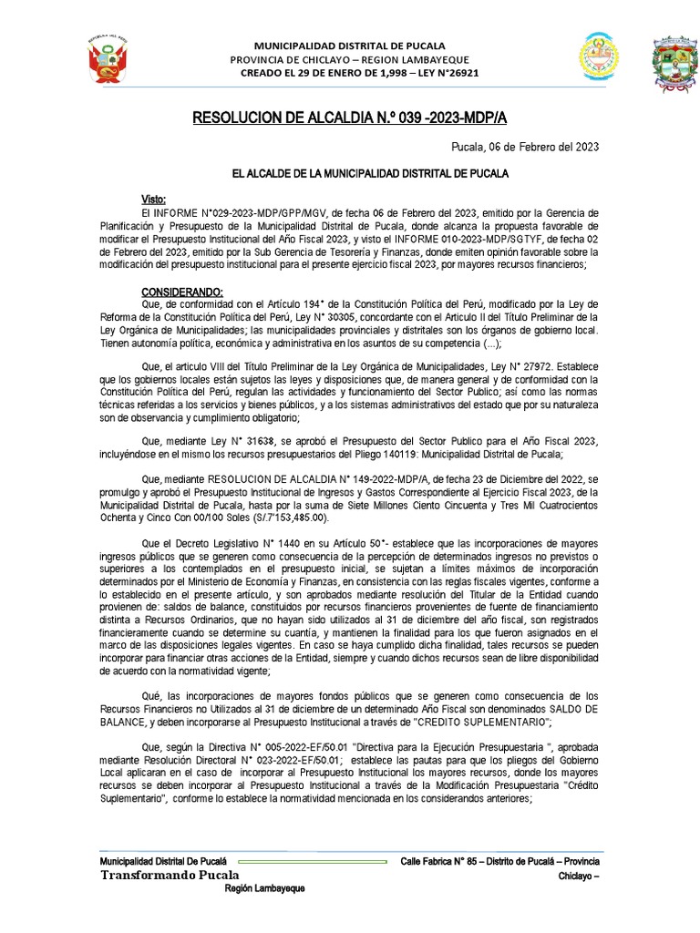 Resolucion de Saldo Balance | PDF | Presupuesto | Gobierno local