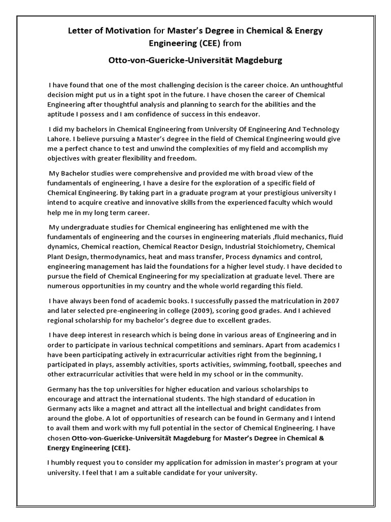 Letter of Motivation For Master PDF | PDF | Engineering | Academic Degree