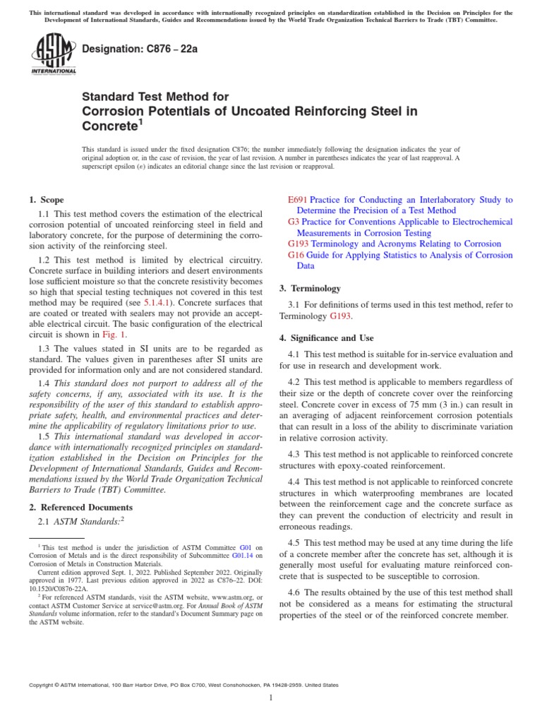 ASTM C876 - Standard Test Method For Corrosion Potentials of Uncoated ...