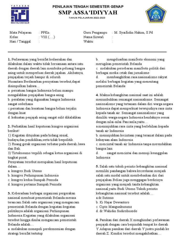 SOAL PTS SMP ASSA'IDIYYAH Kelas VIII PPKN Genap 2023 | PDF
