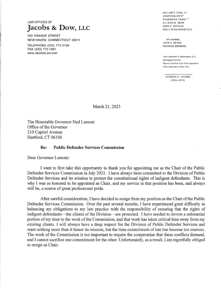 Letter To Governor Lamont Re Public Defender Services Commission PDF | PDF
