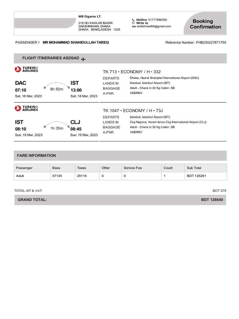 Flight Booking Confirmation for Mr. Tareq | PDF