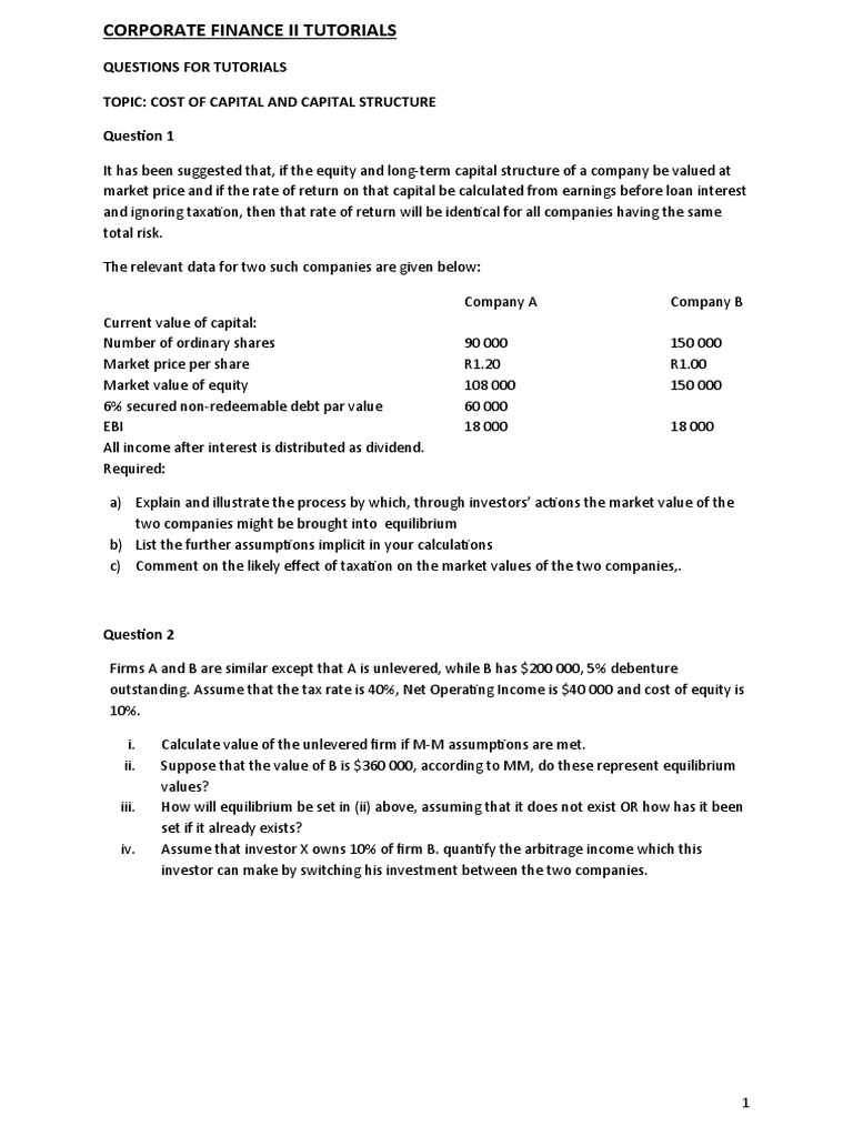 CORPORATE FINANCE II TUTORIALS - Cap Structure - QUESTIONS | PDF