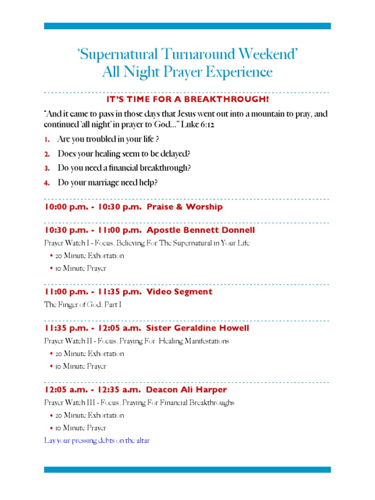 All NIght Prayer Agenda | Download Free PDF | Prayer