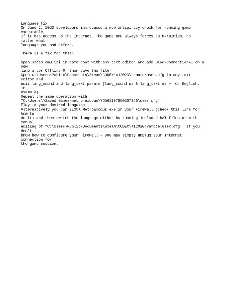 Metro Exodus Language Fix | PDF