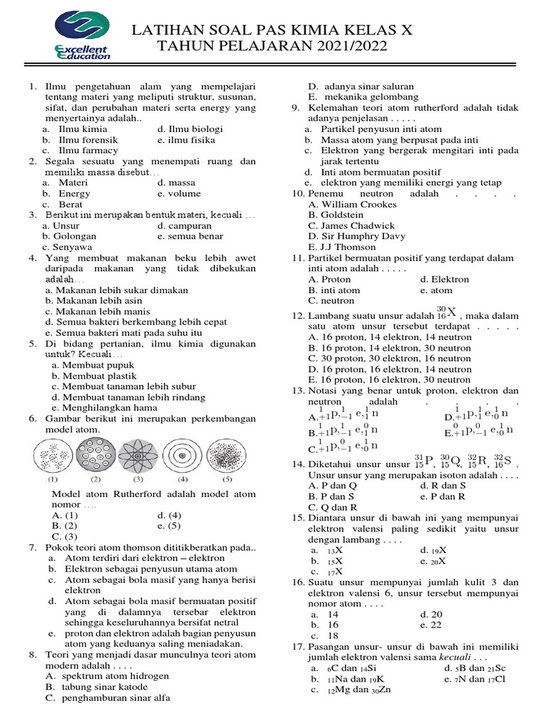 Soal PAS Kimia Kelas X 2021/2022 | PDF