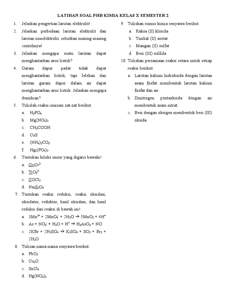 Latihan Soal PHB Kimia Kelas X Semester 2 | PDF