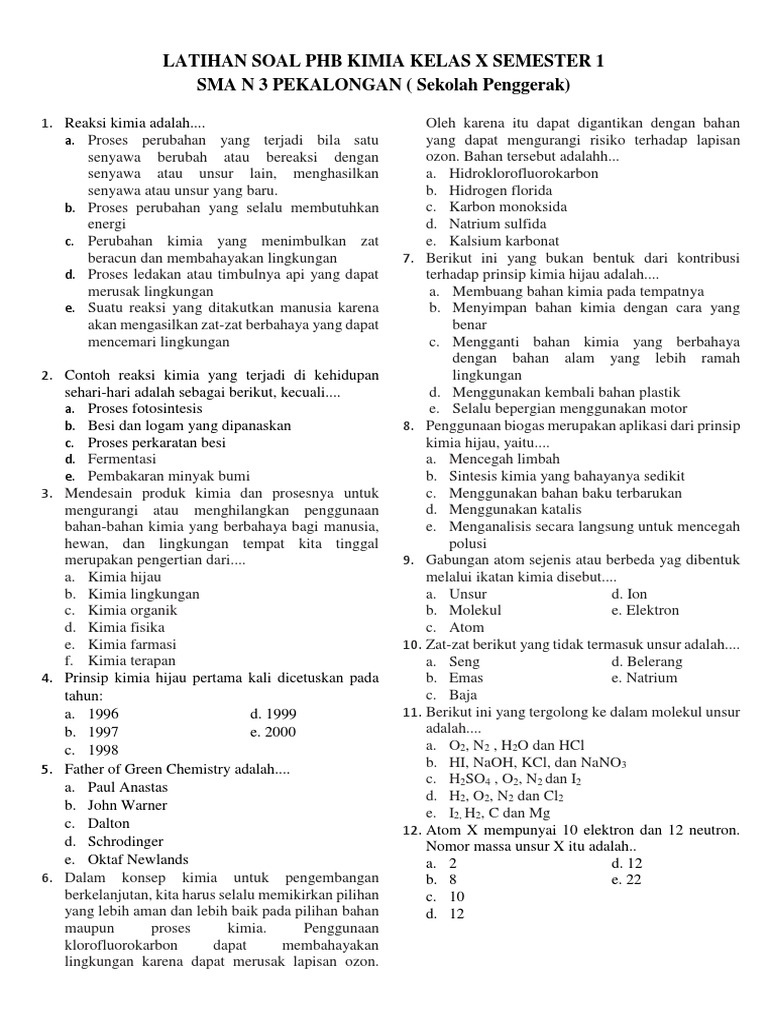 LAT SOAL PHB KIMIA KELAS X 2021 Sekolah Penggerak | PDF