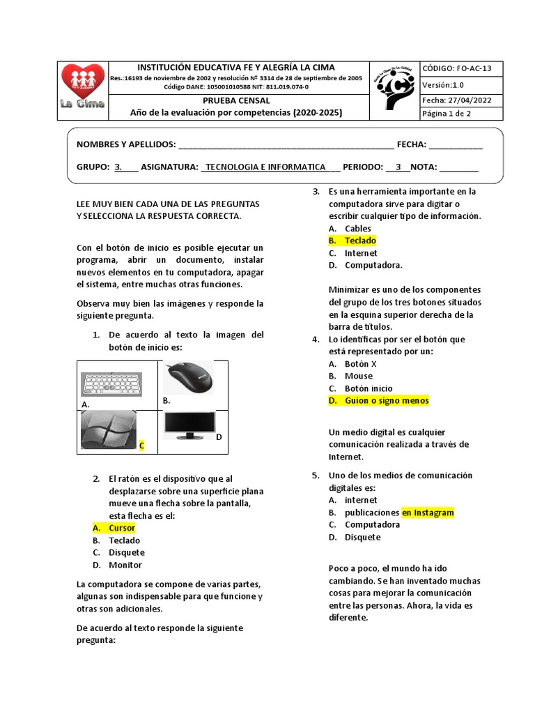 Prueba Censal TIC. Tercero. Período 3. 2022 | PDF | Hardware de la computadora | Equipo de oficina