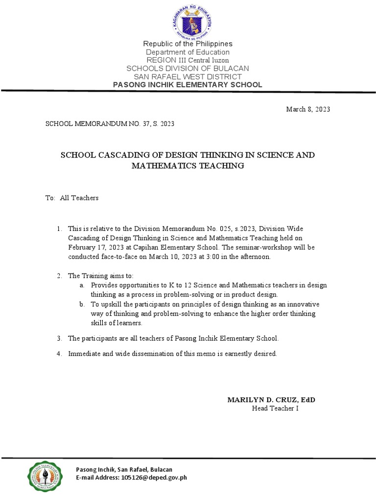 Sample Memo On Design Thinking in Science and Math Teaching | PDF ...