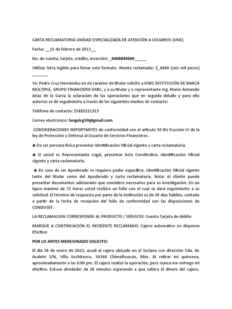 Carta Reclamatoria a HSBC por Cajero | PDF | Bancos | Servicios financieros