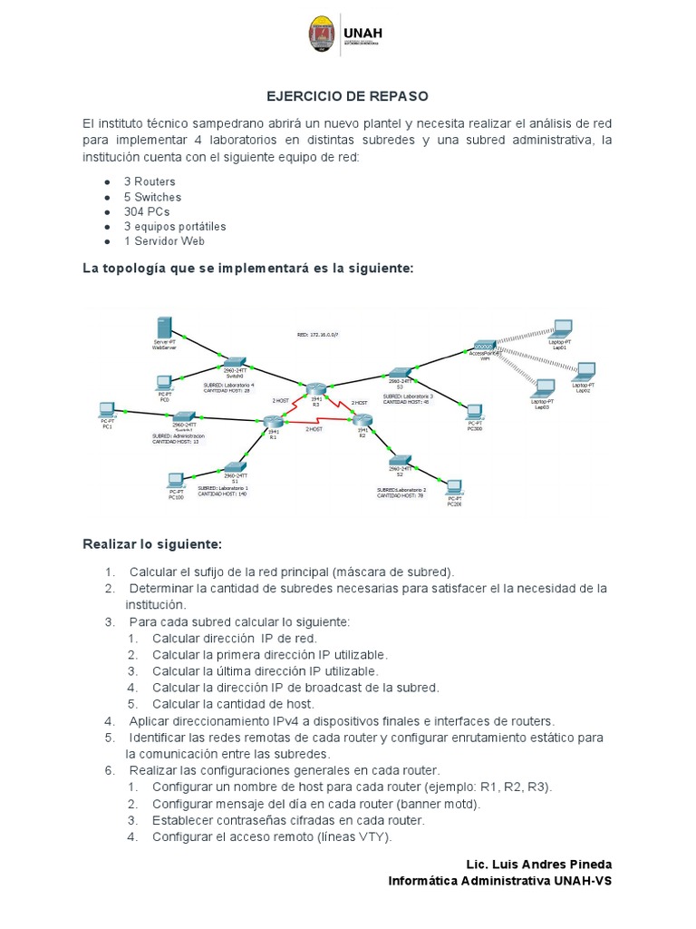 Intrucciones Ejercicio VLSM 1 - Subneteo PDF | PDF