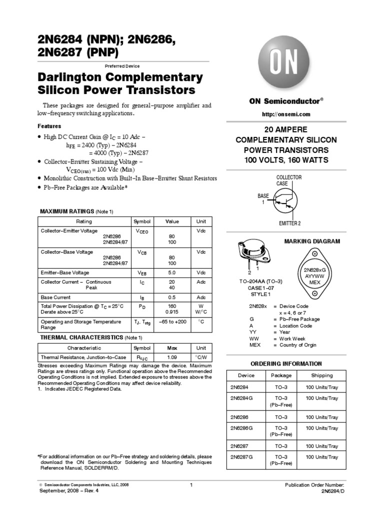 2N6284 (NPN) 2N6286, 2N6287 (PNP) Darlington Complementary Silicon ...