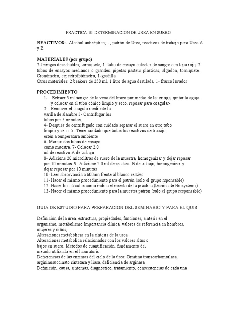 Guía de Laboratorio 10. Determinacion de Urea | PDF