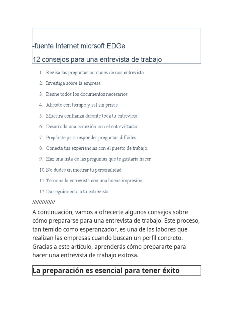 12 Consejos para Una Entrevista de Trabajo | PDF | Entrevista de ...