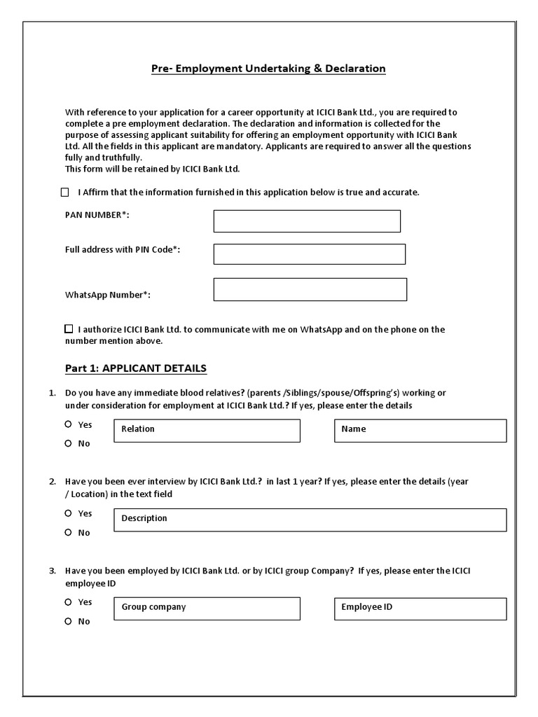 Pre - Employment Undertaking & Declaration Updated As On 18th Jun'22 ...