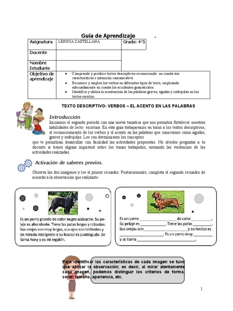 GUIA #3 LENGUA CASTELLANA GRADO 4 ° 5 Texto Descriptivosverbo | PDF ...