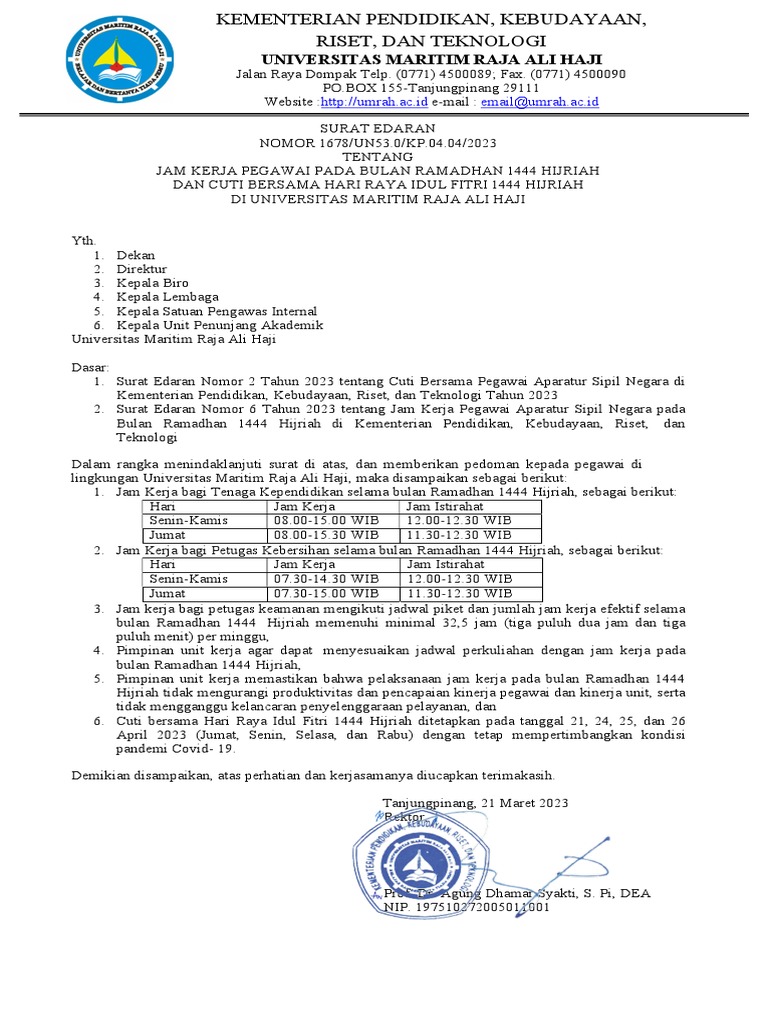 Surat Edaran Jam Kerja Dan Cuti Bersama Signed PDF | PDF