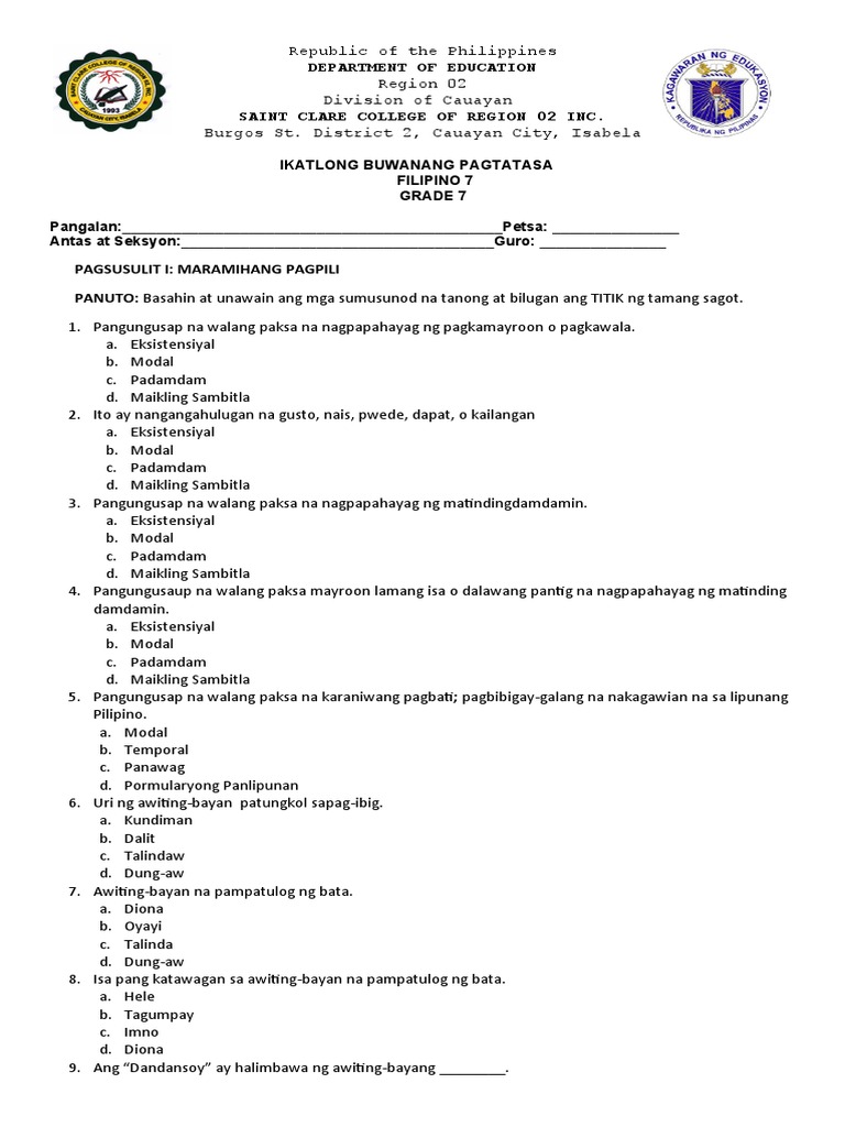 Grade 7 3RD Monthly Assessment | PDF