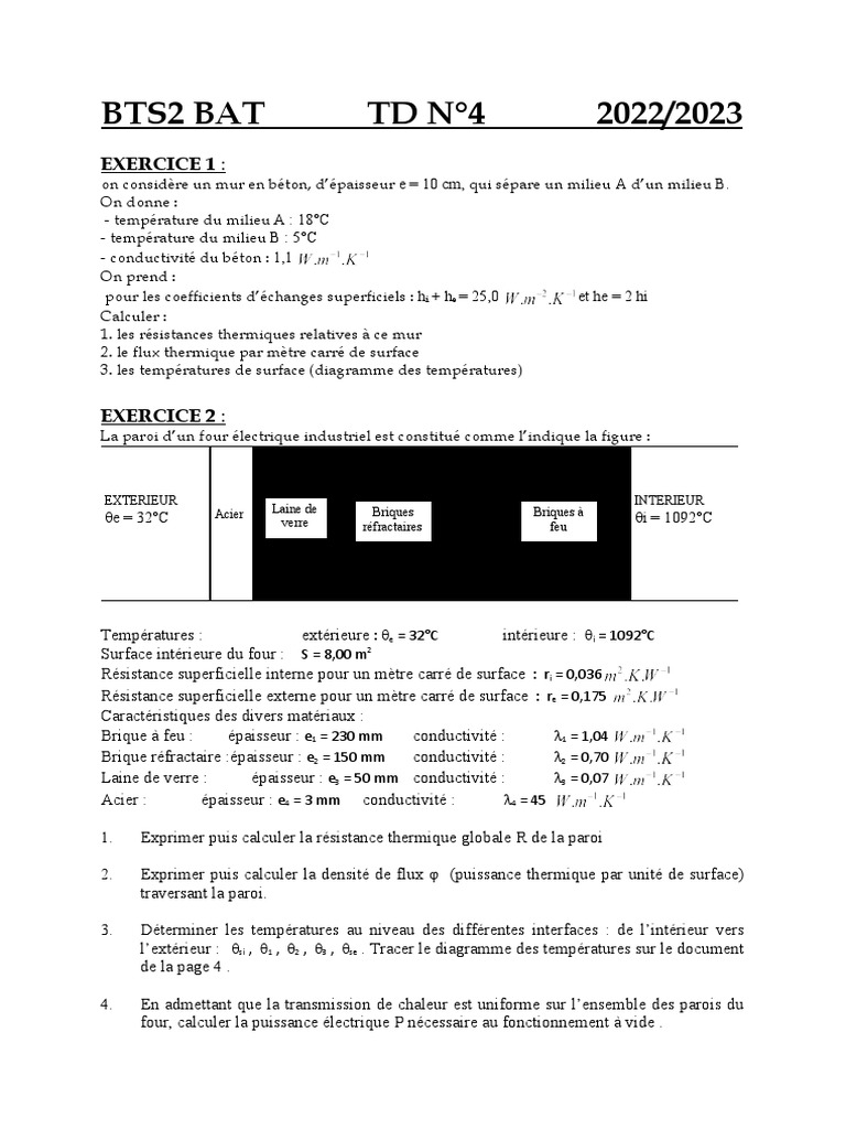 TD N°4 BTS2 Bat 2023 | Descargar gratis PDF | Conductivité thermique | Matériau réfractaire