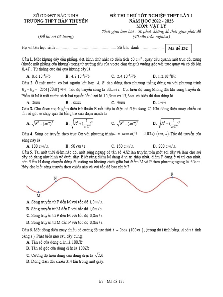 De Thi Thu Vat Ly TN THPT 2023 Lan 1 Truong THPT Han Thuyen Bac Ninh | PDF