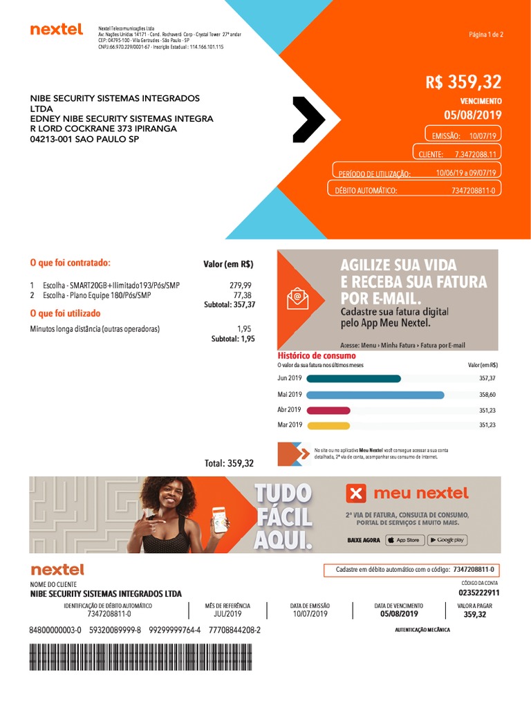 Sua Fatura Nextel Jul1-2019 PDF | PDF | Telecomunicações | Indústrias ...