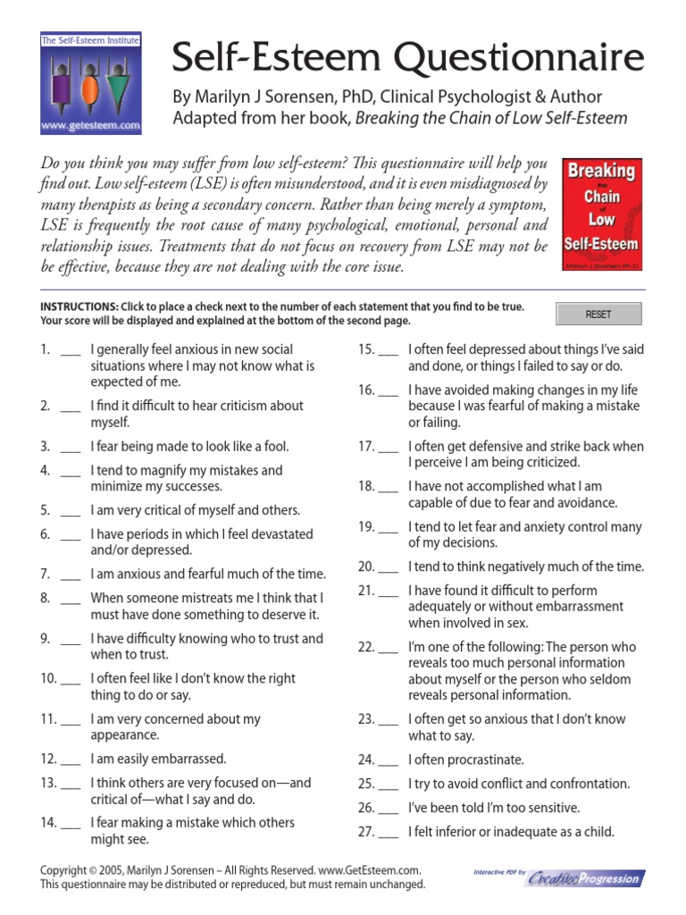 The Self Esteem Institute Self Esteem Questionnaire | PDF | Self Esteem ...