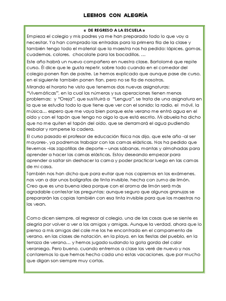 Lectura - Regreso Al Colegio | PDF