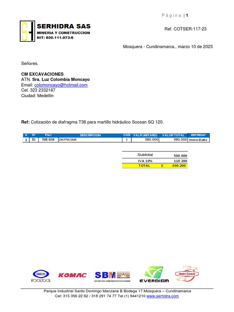 COTSER-117-23 Cotizacion de Diafragma Soosan SQ120 PDF | PDF | Servicios financieros | Bancario
