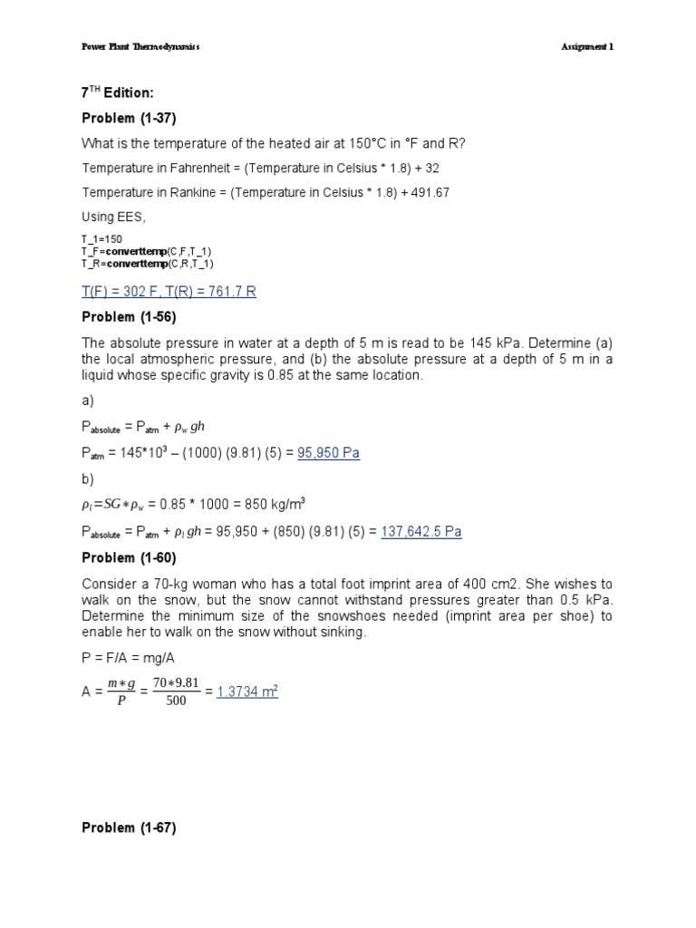 Thermo Assignment #1 | PDF | Pressure | Temperature