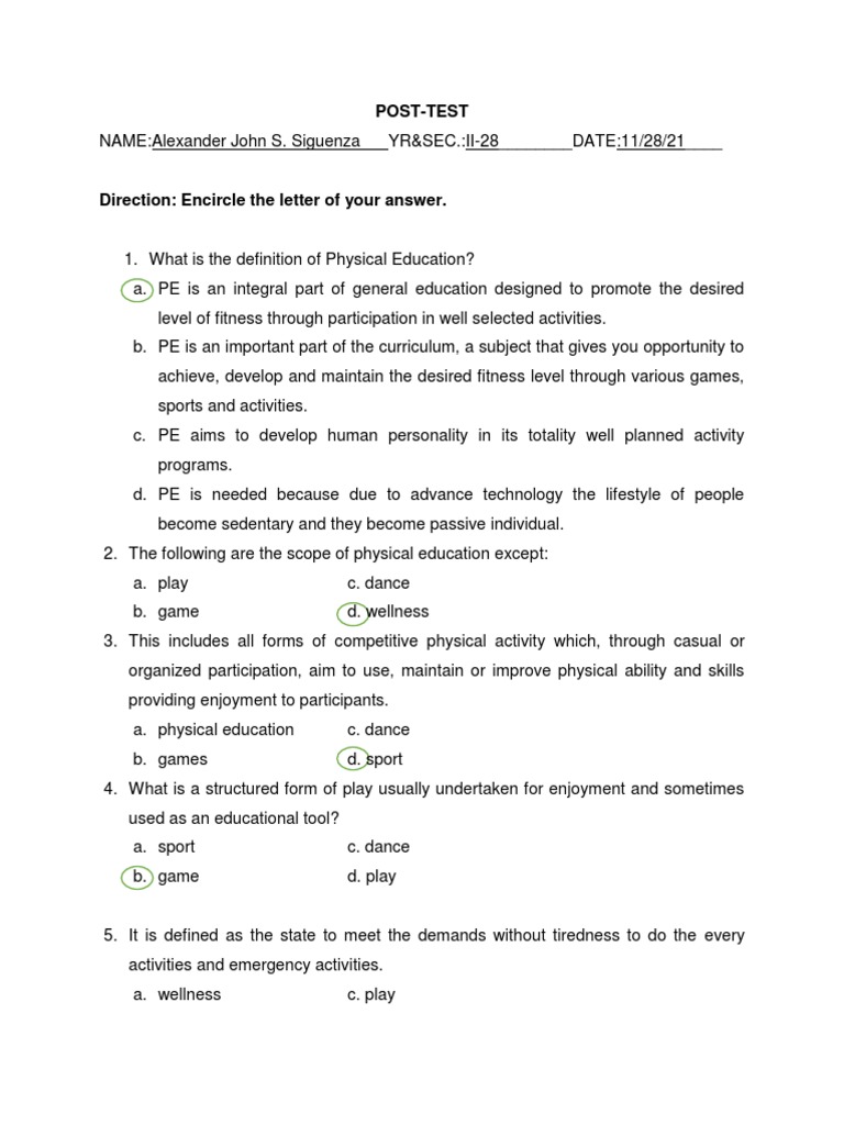 Module 1 Post Test Pdf Physical Education Sports