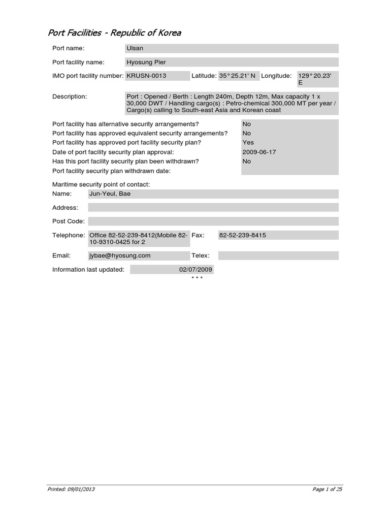 울산항 항만시설 보안책임자 (PFSO) 비상연락망 | PDF | Port | Longitude