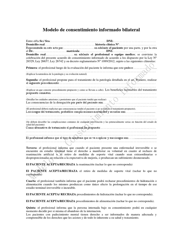 Modelo de Consentimiento Informado Bilateral | PDF | Consentimiento informado | Medicina
