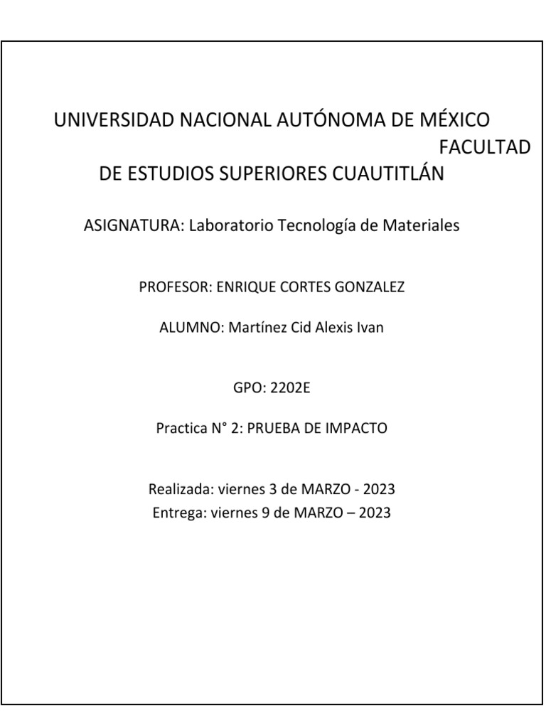 Reporte de Practica Tecno 2 Prueba de Impacto | PDF | Fractura | Acero