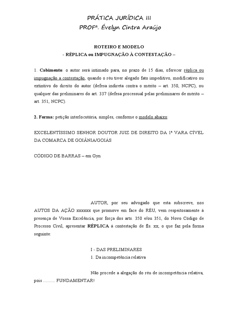 Roteiro, modelo e caso - Réplica (NCPC) 2.doc | PDF | Réu | Processo civil