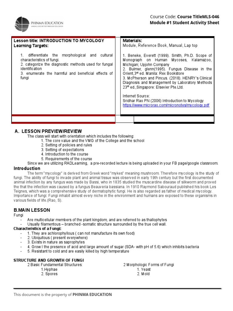 Module#1 - Student Activity Sheet-INTRODUCTION TO MYCOLOGY PDF | PDF ...