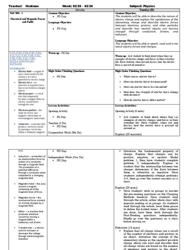 Physics - Lesson - Plan - February 20 24 2023 Electricity and Magnetism Unit 9 Week 1 | Download ...