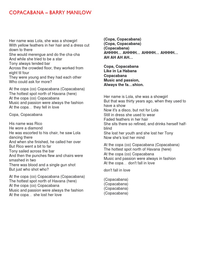 COPACABANA Barry Manilow Letra | PDF