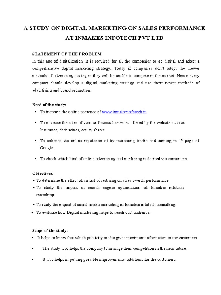A Study On Digital Marketing On Sales Performance at Inmakes Infotech ...